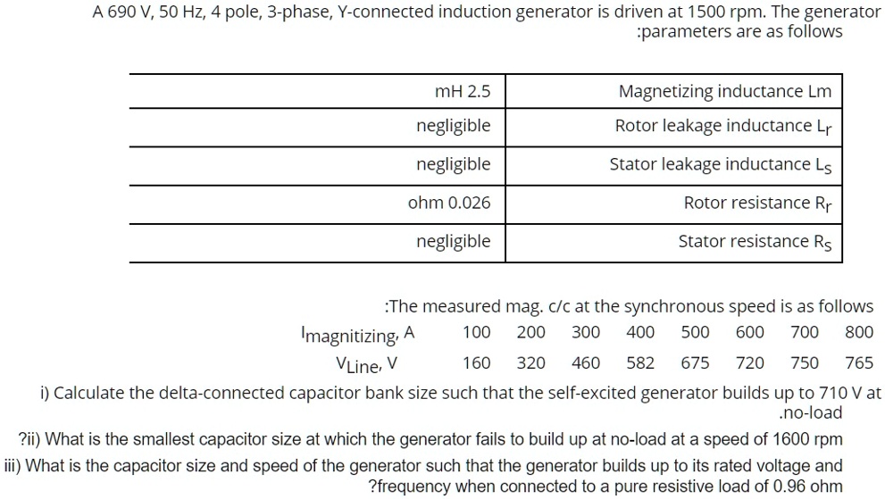 a 690v 50 hz 4 pole 3 phase y connected induction generator is driven ...