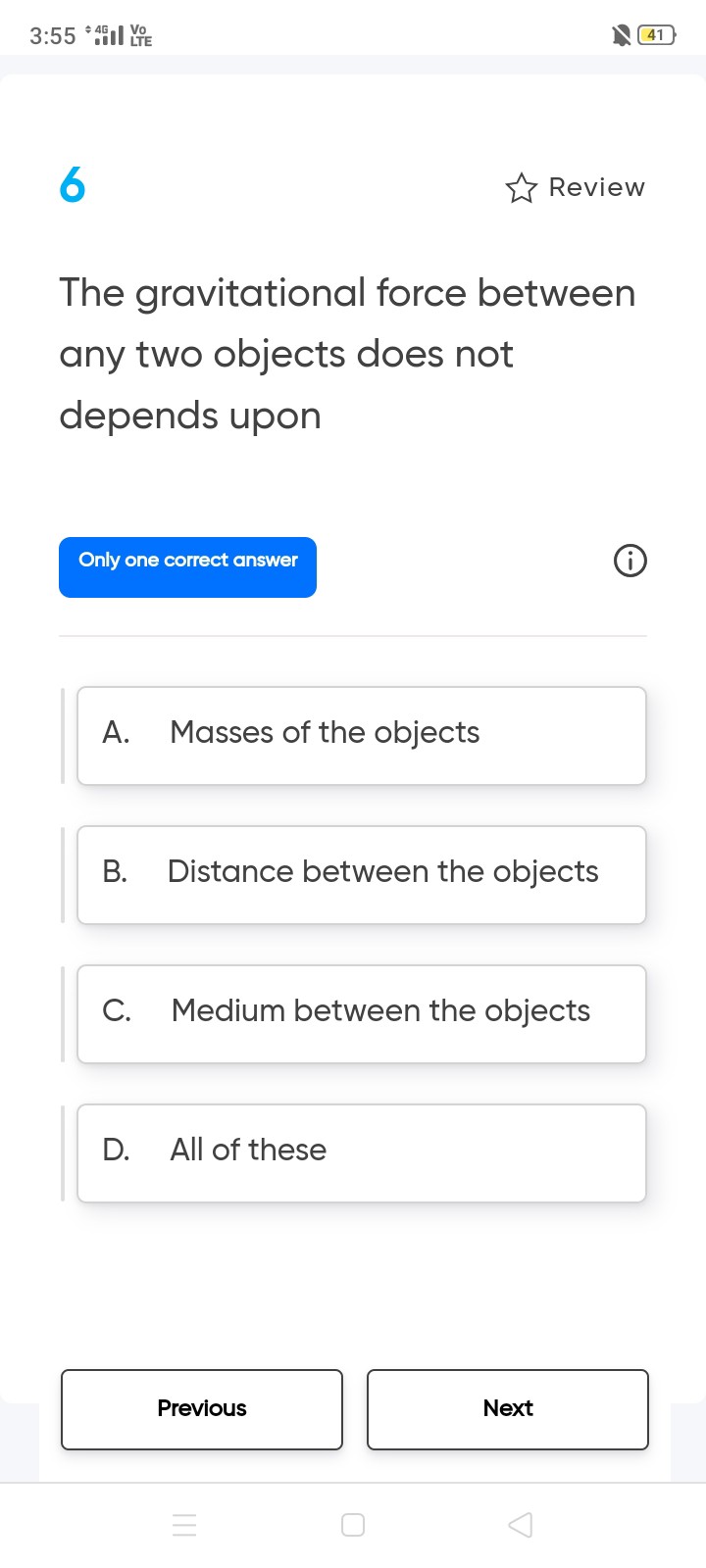 SOLVED: 3:55 * 4III Vo 6 Review The gravitational force between any two objects does not depends ...