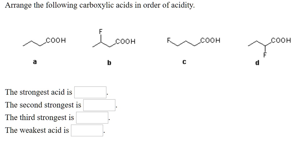 SOLVED: Arrange the following carboxylic acids in order of acidity ...