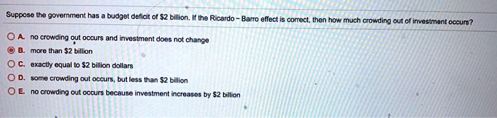SOLVED: Suppose the government has a budget deficit of 2 billion. If ... SOLVED: Suppose the government has a budget deficit of 2 billion. If ...