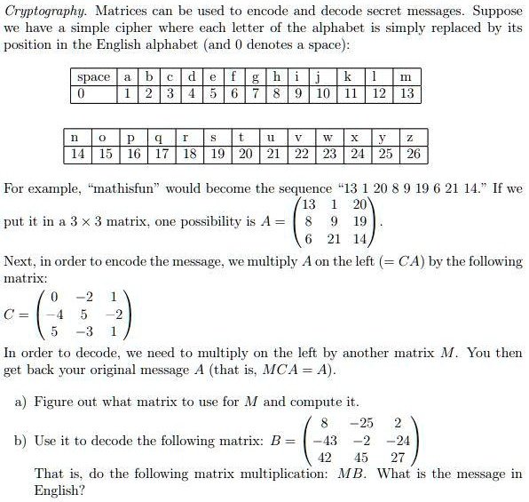 Solved Cryptography Matrices Can Be Used To Encode And Decode Secret Messages Suppose We Have