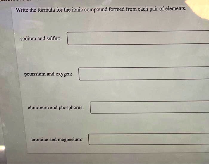 SOLVED: Write the formula for the ionic compound formed from each pair of elements. sodium and ...