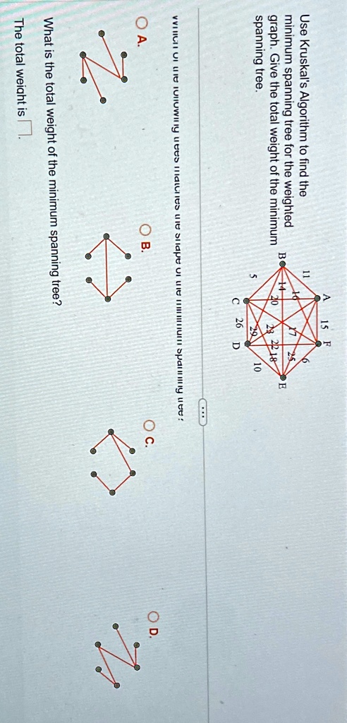 Use Kruskals Algorithm To Find The Minimum Spanning Tree For The Weighted Graph Give The Total