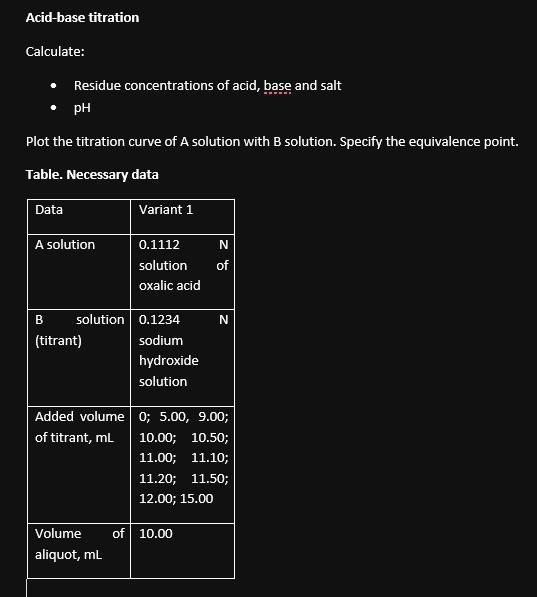 SOLVED: Calculation of pH in detail Acid-base titration Calculate: Residue concentrations of ...
