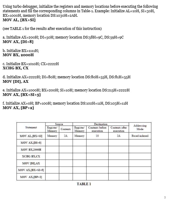 SOLVED: Solve the table Using Turbo Debugger, initialize the registers ... SOLVED: Solve the table Using Turbo Debugger, initialize the registers ...