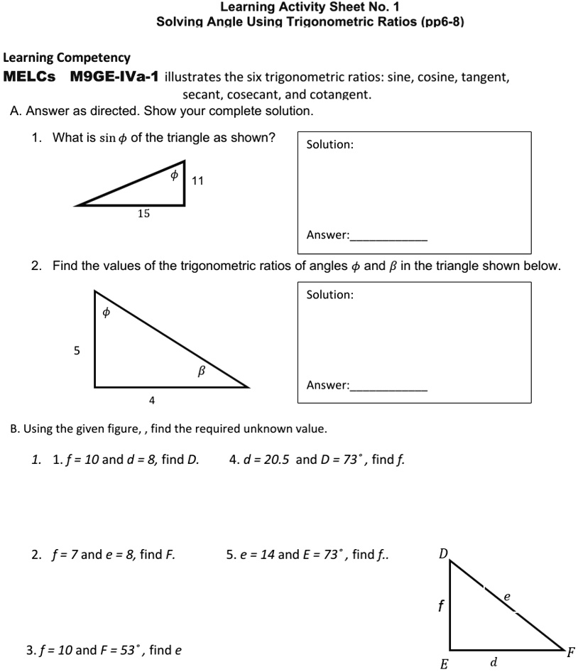 Learning Activity Sheet No. 1 Solving Angle Using...