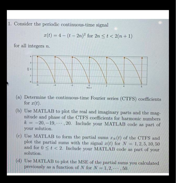 SOLVED: Consider the periodic continuous-time signal I(t) =4 - (t 2n)2 for 2n