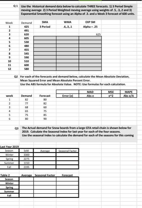 q1 use the historical demand data below to calculate three forecasts13 period simple moving ...
