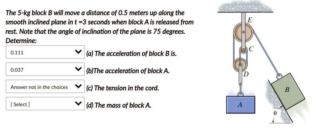 SOLVED: The 5-kg block B will move a distance of 0.5 meters up along the smooth inclined plane ...