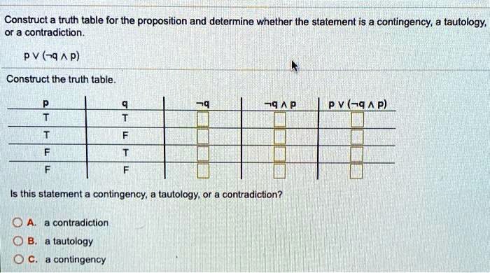 SOLVED: Construct a truth table for the proposition and determine ...