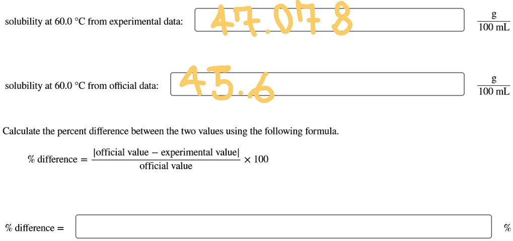 SOLVED: Experiment 1: Determine the solubility of KCl in mLg/100 mL at 60.0 ∘C from both the ...