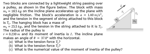 SOLVED: Two blocks are connected by lightweight string passing over pulley, as shown in the ...