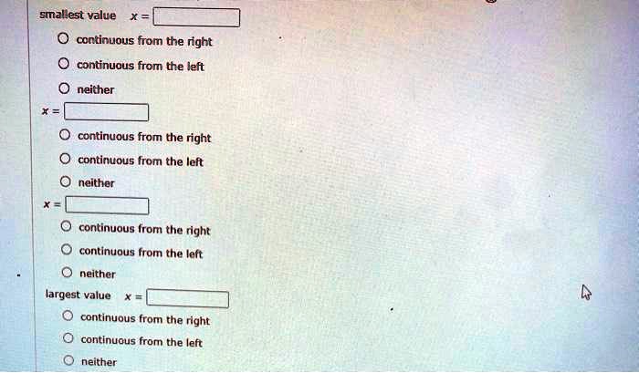 SOLVED: Smallest value Continuous from the right, continuous from the left, neither Continuous ...