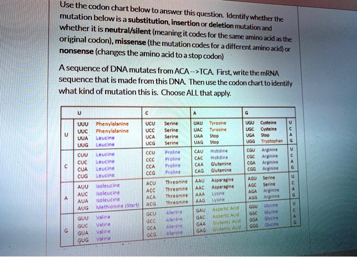 SOLVED:Use the codon chart below toanswer this question mutation ...