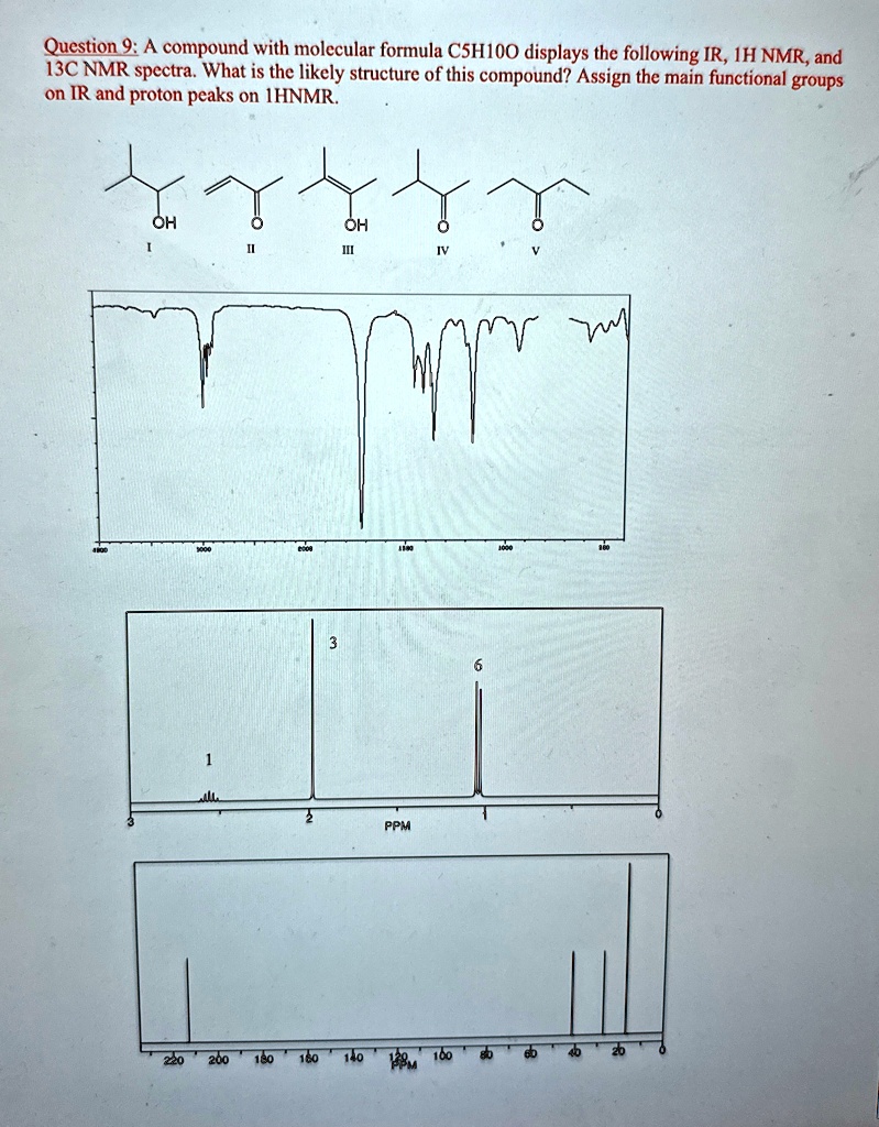 Question 9: A compound with molecular formula C5H10O displays the following IR, 1H NMR, and 13C ...