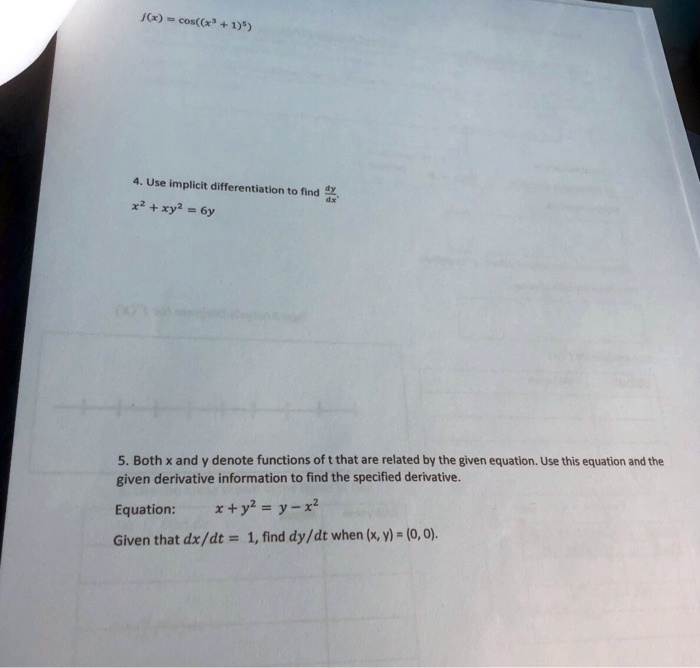 SOLVED: i(x) cos((x' 1)*) Use implicit differentiation find +xy? Both x and denote functions of ...