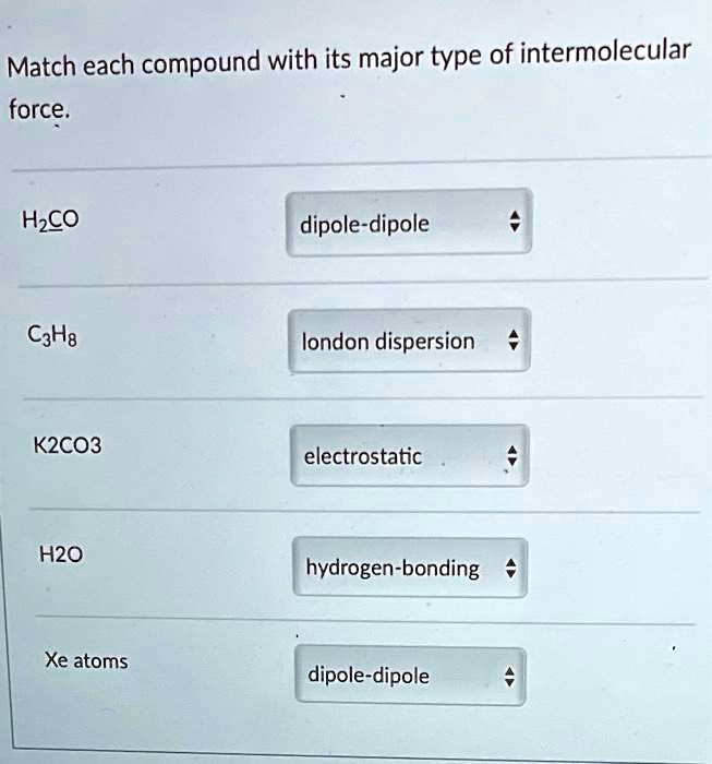 Match each compound with its major type of intermolecular force. H2CO ... Match each compound with its major type of intermolecular force. H2CO ...