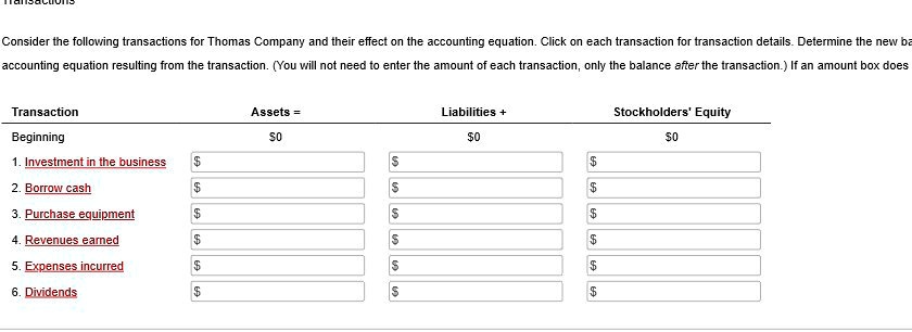 consider tne folloving transactions for thomas company and their effect ...