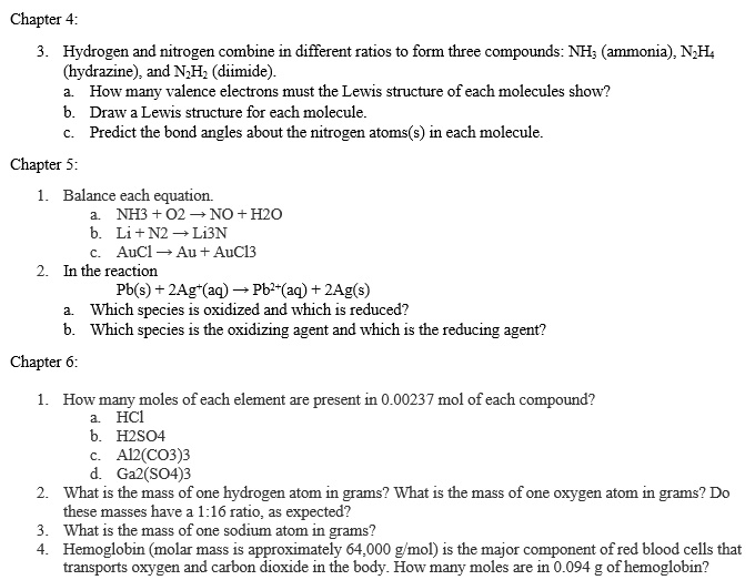 Chapter 4: 3. Hydrogen and nitrogen combine in different ratios to form ...