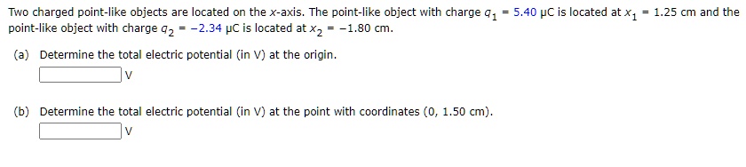 two charged point like objects are located on the x axis the point like ...