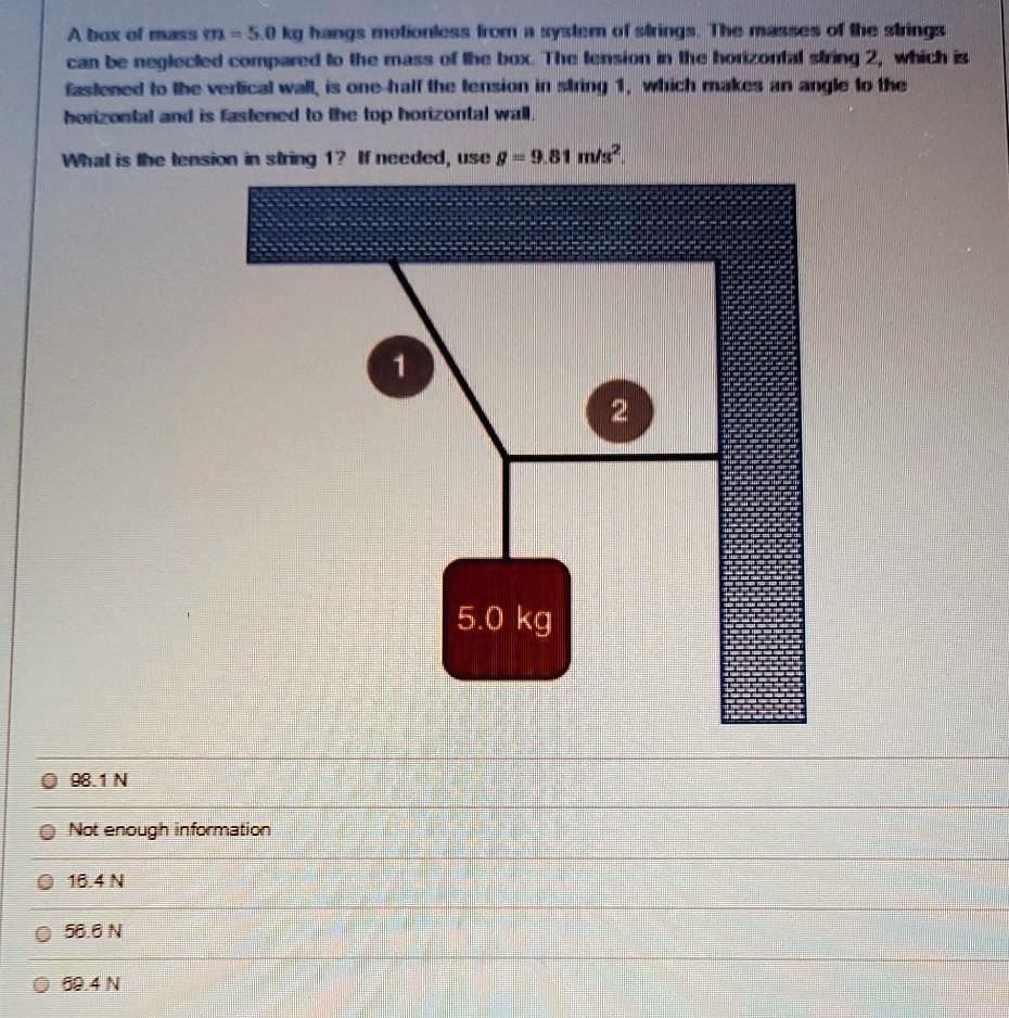 A box of mass -5.0 kg has motionless from a system of strings. The ...