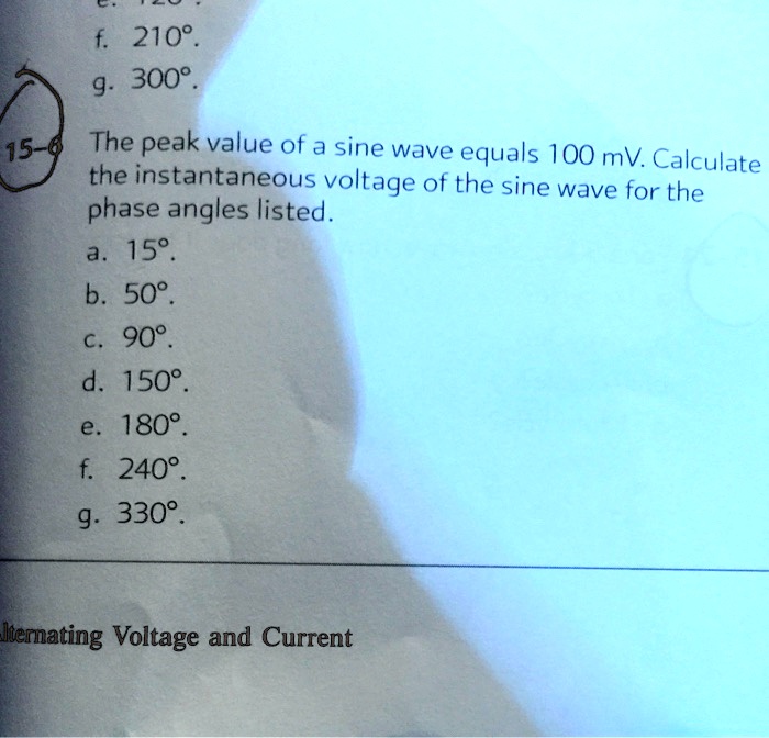 f. 210°. g. 300°. 15-6 The peak value of a sine wave equals 100 mV ...
