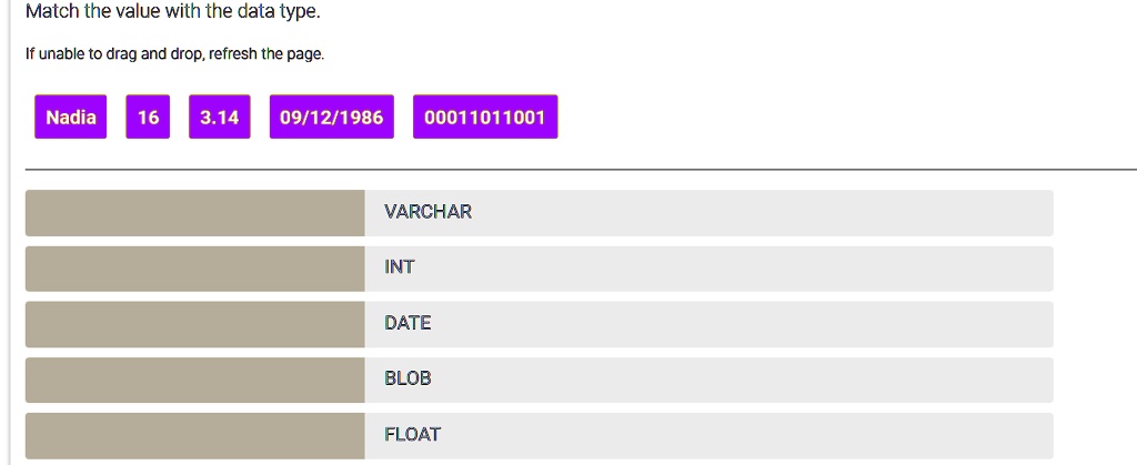 SOLVED: Match the value with the data type. If unable to drag and drop ...