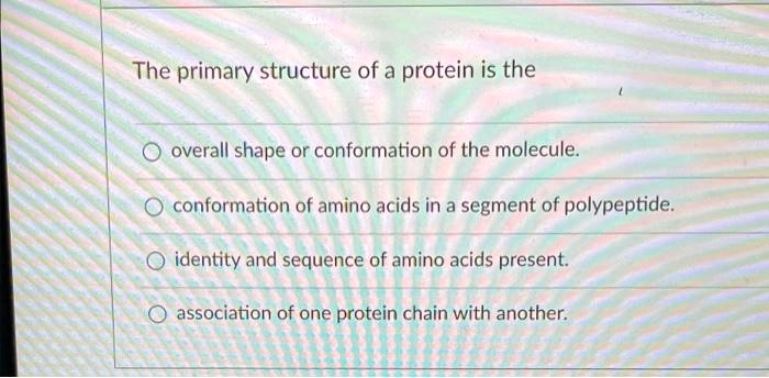 The primary structure of a protein is the overall shape or conformation ...