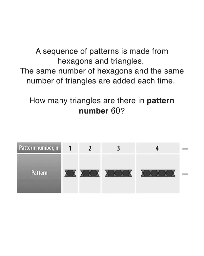 A sequence of patterns is made from hexagons and triangles. The same number of hexagons and the ...