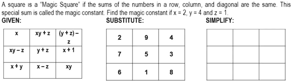 SOLVED: A square IS a Magic Square" if the sums of the numbers in a rOw, column, and diagonal ...