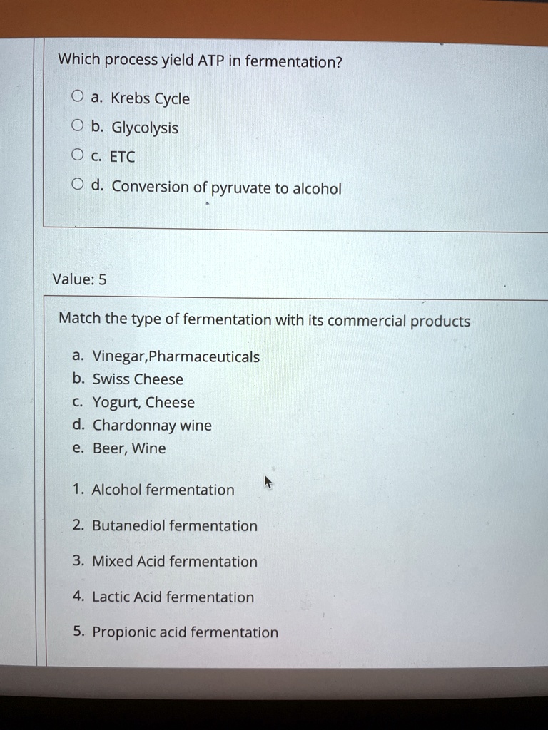 which process yield ATP in fermentation? A) Krebs Cycle B) Glycolysis C ...