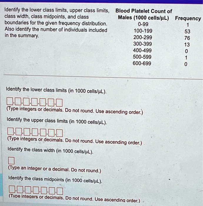 SOLVED: Identify the lower class limits,upper class limits, Blood ...
