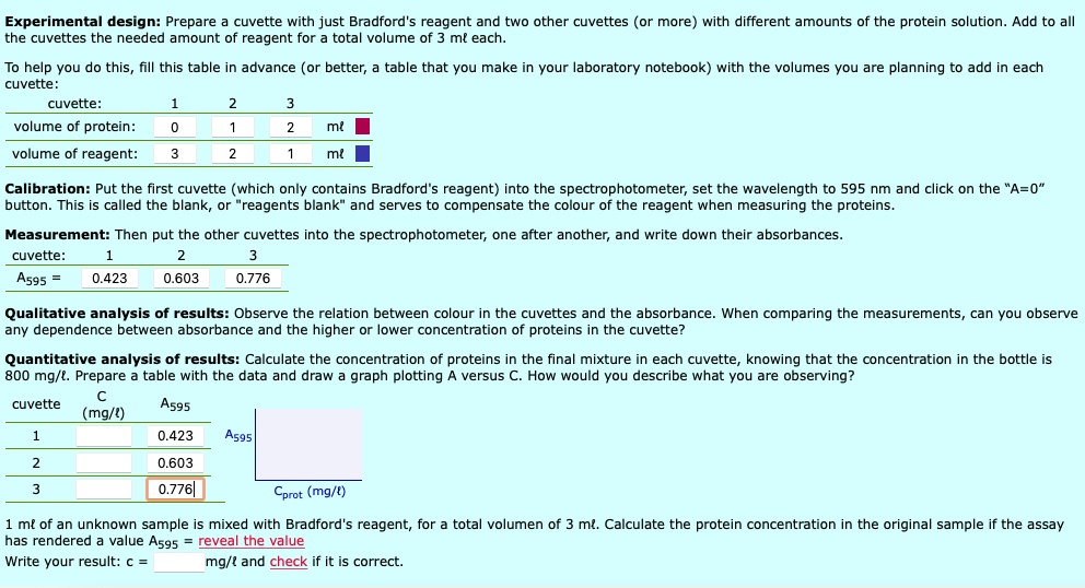 experimental design prepare cuvette with just bradfords reagent and two ...