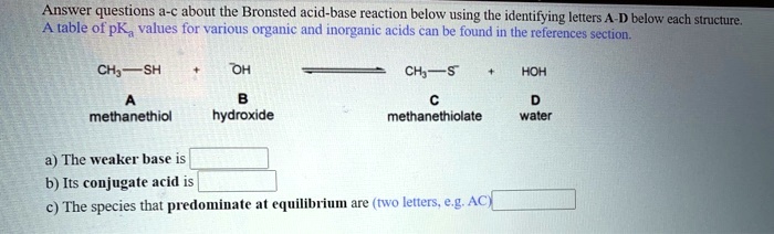 SOLVED: Answer questions a-e about the Bronsted acid-base reaction ...