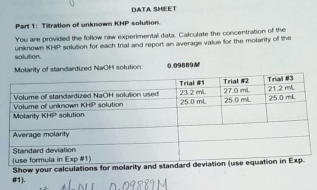 data sheet part 1 titration of unknown khp solution data calculate the concentration of the you ...