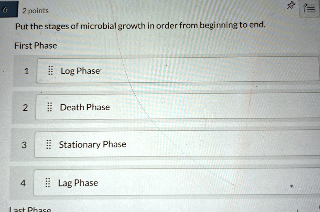 put the stages of microbial growth in order from beginning to end first ...