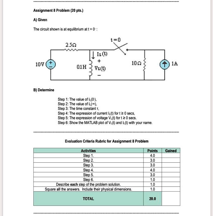 Assignment 8 Problem (20 pts.) A) Given The circuit shown is at equilibrium at t = 0: t=0 2.5? I ...