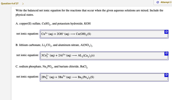 Solved Text Attempt Z Question 0f27 Write The Balanced Net Ionic