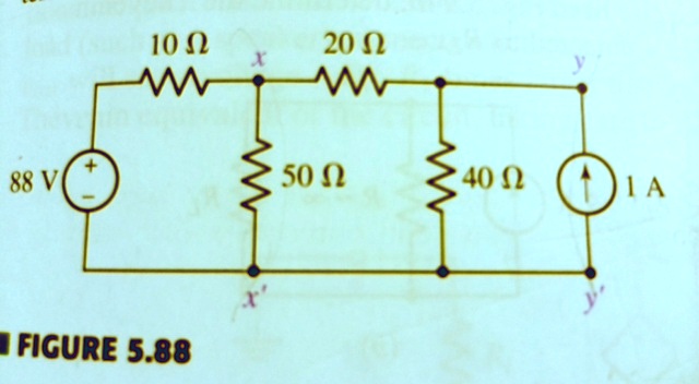 The diagram in the image consists of a voltage source of 88 V, a ...