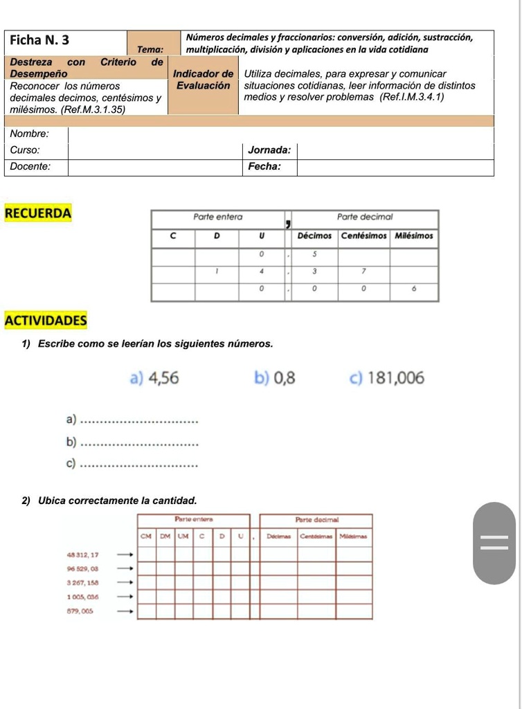 SOLVED: Alguien que me ayude Ficha N. 3 Números decimales y ...