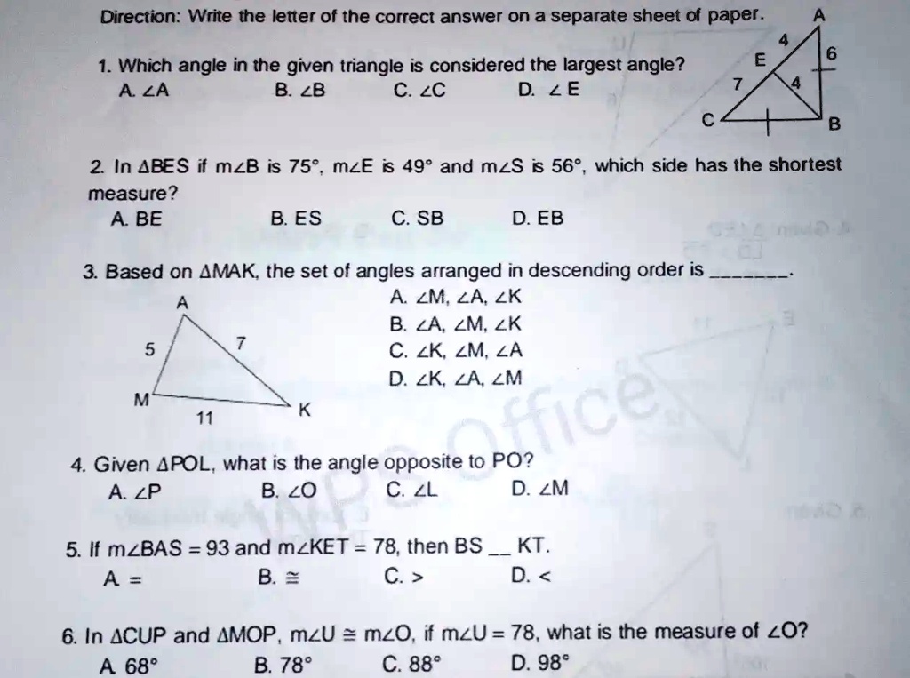 direction write the letter of the correct answer on a separate sheet d ...
