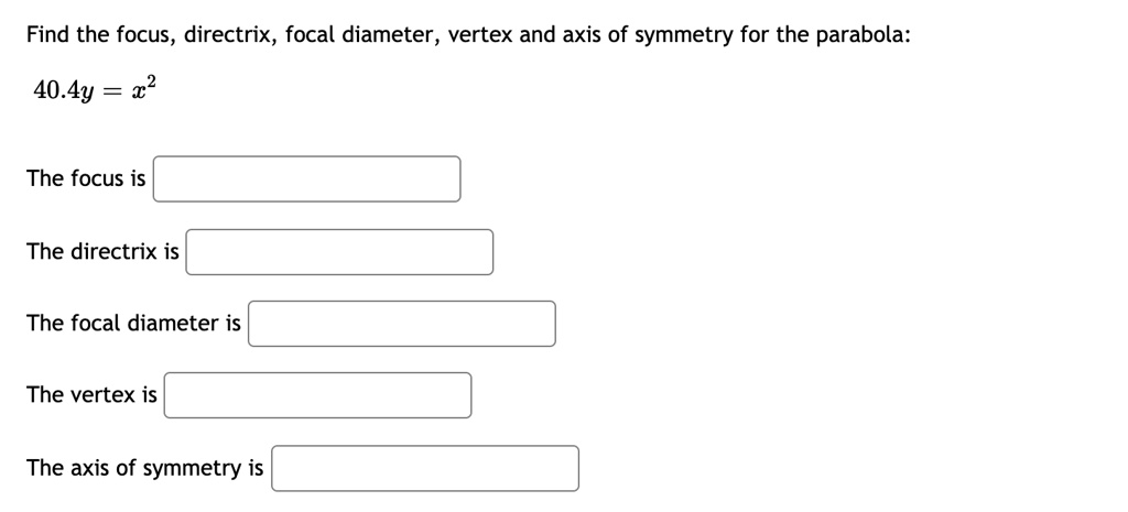 SOLVED: Find the focus, directrix, focal diameter, vertex, and axis of ...