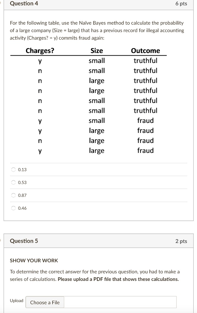 SOLVED: Question 4 6 pts For the following table; use the Naive Bayes method to calculate the ...