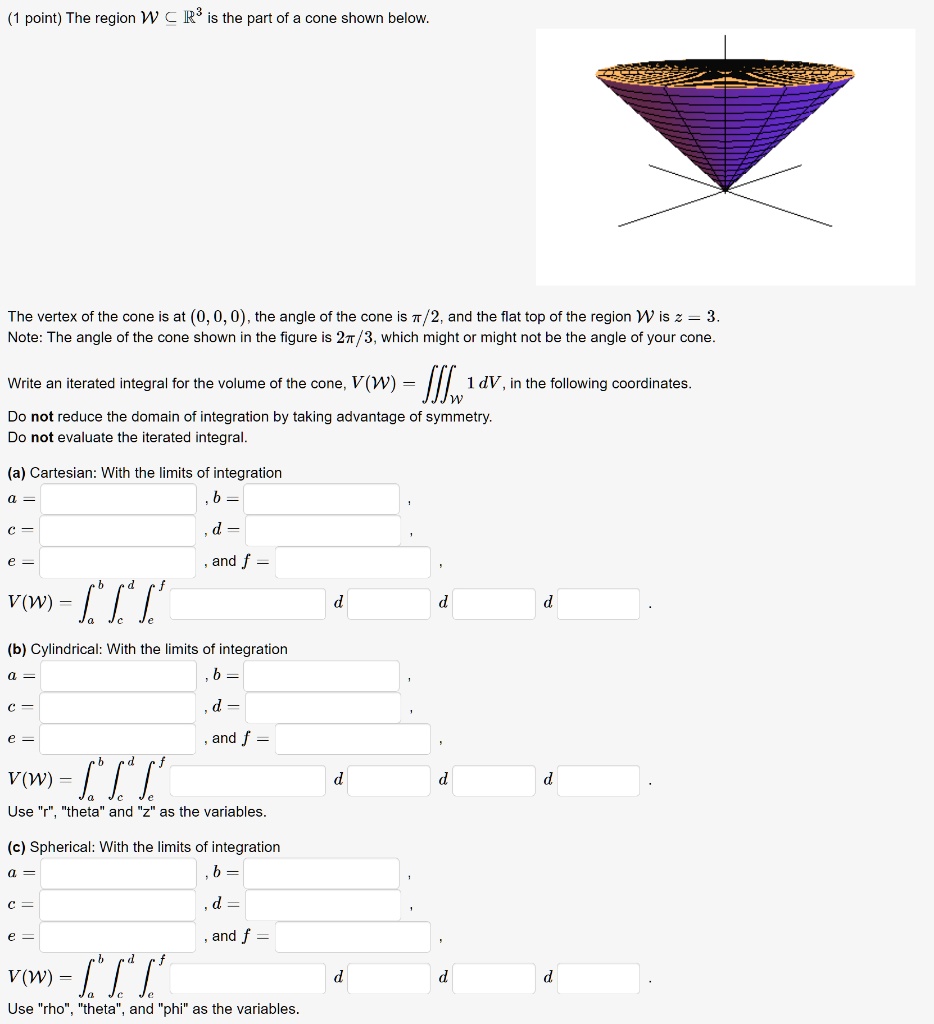 SOLVED: point) The region W € Ik8 is the part of a cone shown below ...