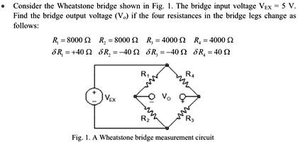 SOLVED: Consider the Wheatstone bridge shown in Fig. 1. The bridge input voltage Vex = 5 V. Find ...