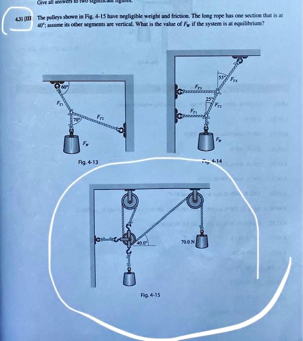 Give all answers to two significant figures. The pulleys shown in Fig. 4-15 have negligible ...