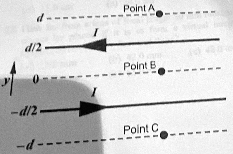 two parallel wires are separated by a distance d 10 m and carry equal ...