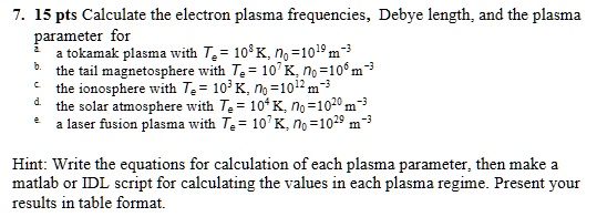 7. 15 pts Calculate the electron plasma frequencies, Debye length, and ...