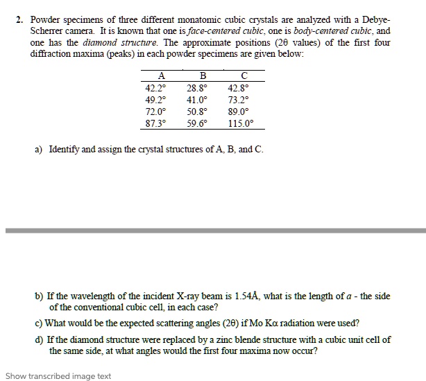 SOLVED: Powder specinens of three different monatomic cubic crystals ...