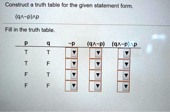 SOLVED: Construct a truth table for the given statement form (Q^ p)^p Fill in the truth table ...
